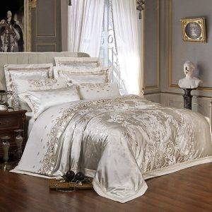 Silver Satin Embroidered Duvet Cover Luxury Bedding Set